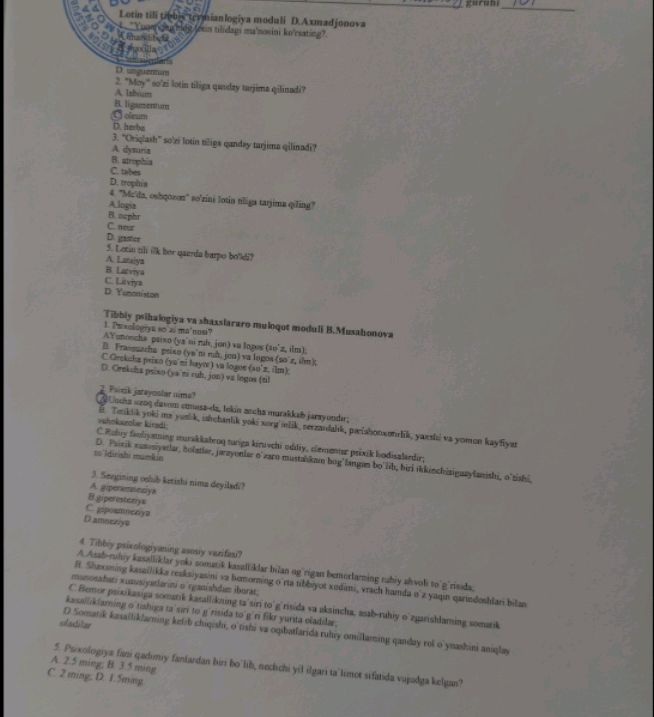 1. Psixologiya so'zi ma'nosi? A. Yunoncha | StudyX