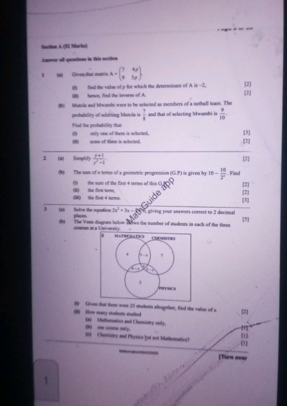 1. (a) Given that matrix $A = 7 4p 9 | StudyX