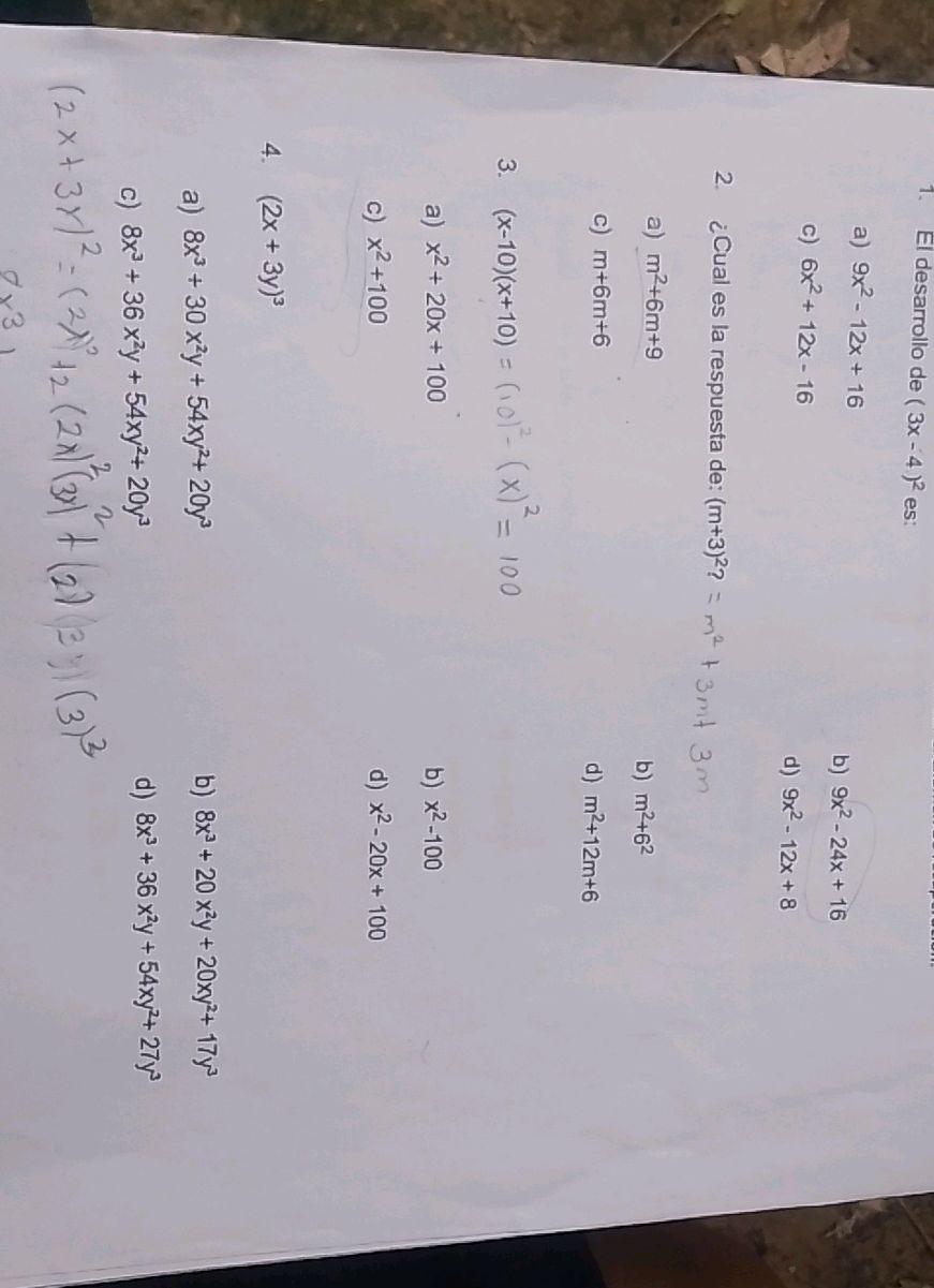 1. El desarrollo de $(3x-4)^2$ es: a) $9x^2 | StudyX