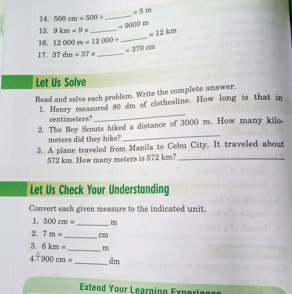 14. 500 cm = 500 ÷ ______ = 5 m 15. 9 km = 9 | StudyX
