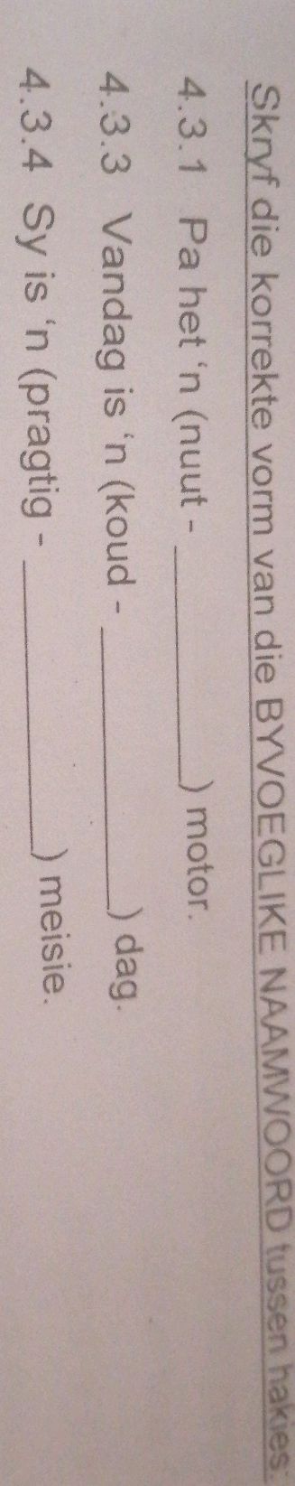 Skryf die korrekte vorm van die BYVOEGLIKE | StudyX