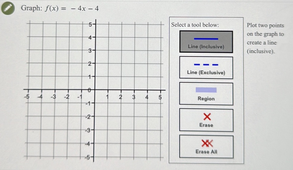 Graph: $f(x) = -4x - 4$ Plot two points on | StudyX