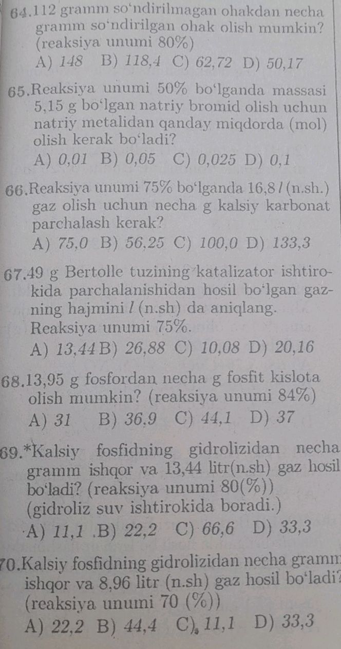 64. 112 gramm so'ndirilmagan ohakdan necha | StudyX