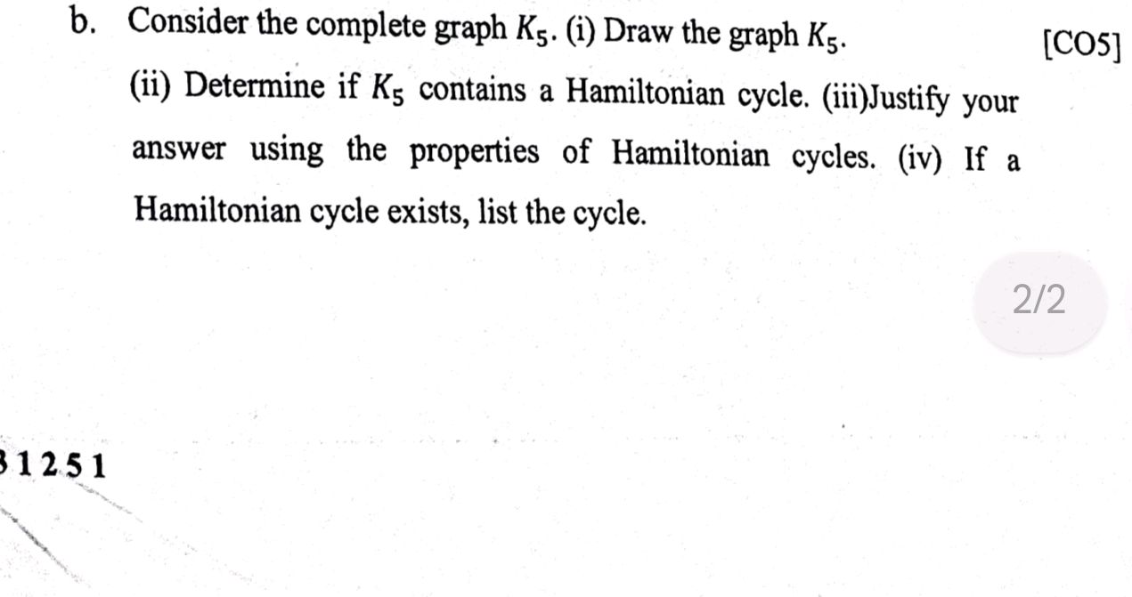 b. Consider the complete graph K5. (i) Draw | StudyX