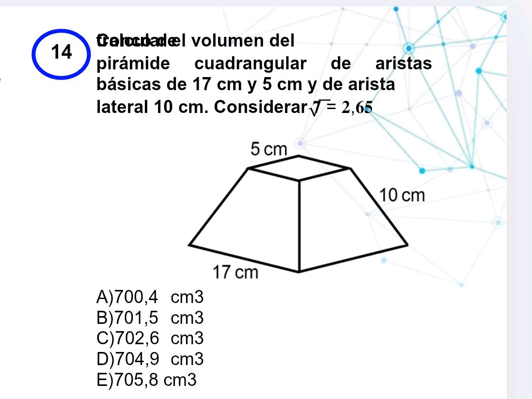 Calcula el volumen del pirámide cuadrangular | StudyX