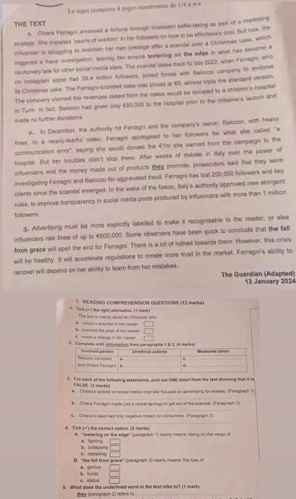 1. READING COMPREHENSION QUESTIONS (12 | StudyX