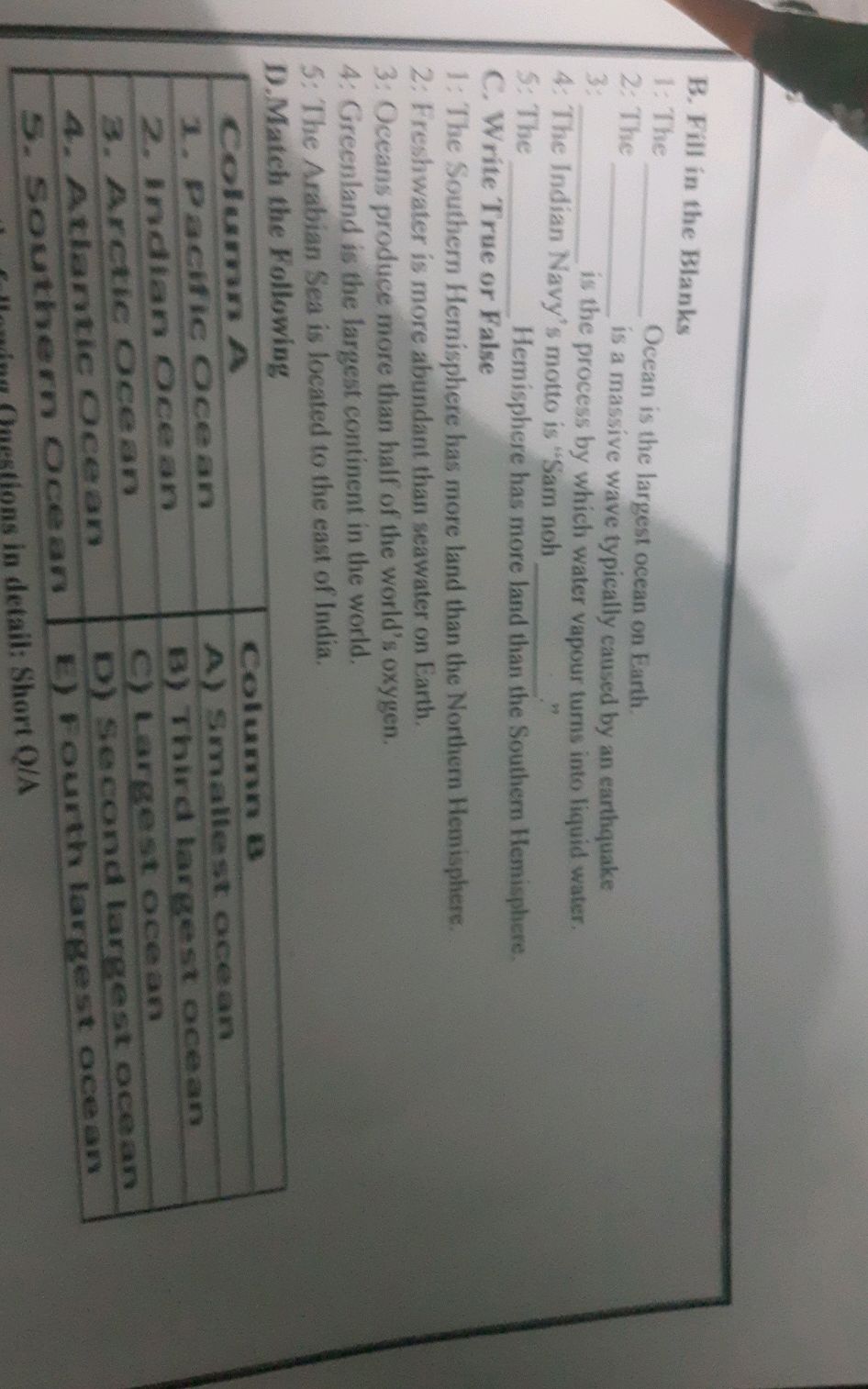 B. Fill in the Blanks 1: The ______ Ocean is | StudyX