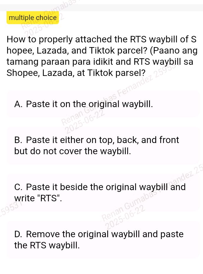 How to properly attached the RTS waybill of