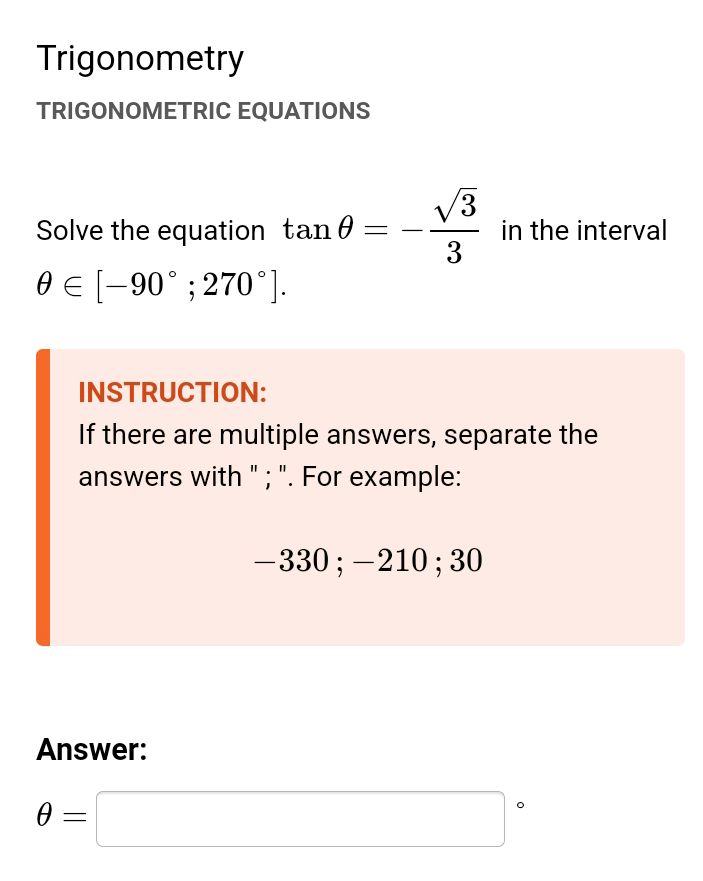 Solve the equation $tan = - { {3}}{3}$ in | StudyX