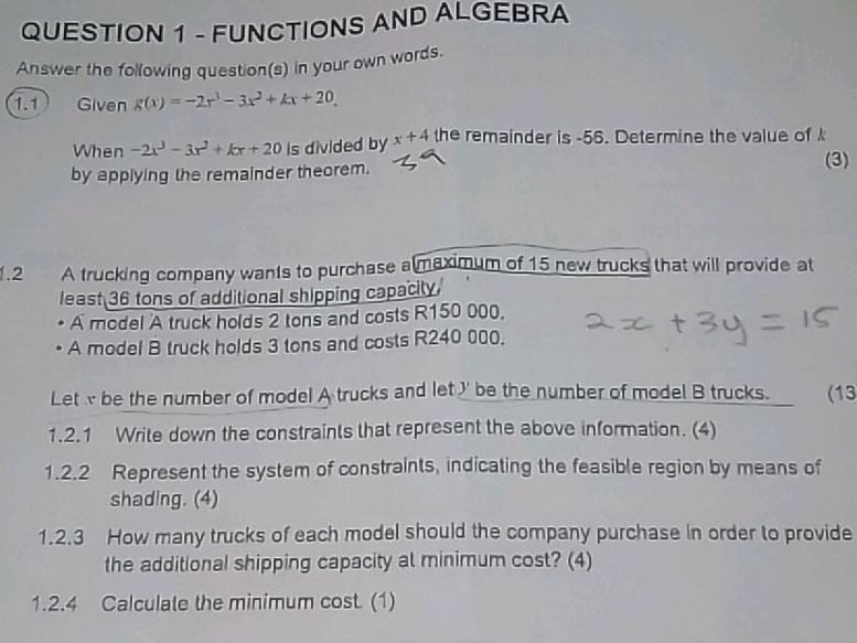 1.1 Given g(x) = -2x³ - 3x² + kx + 20. When