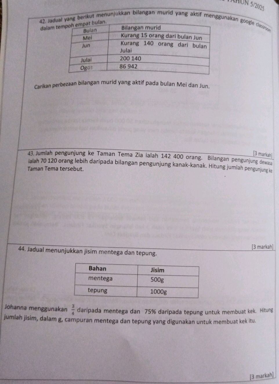 42. Jadual yang berikut menunjukkan bilangan | StudyX