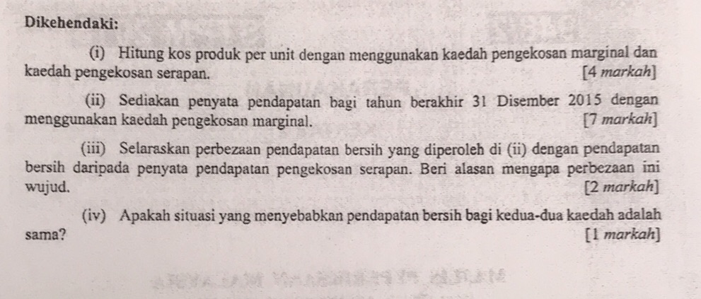 (i) Hitung kos produk per unit dengan | StudyX