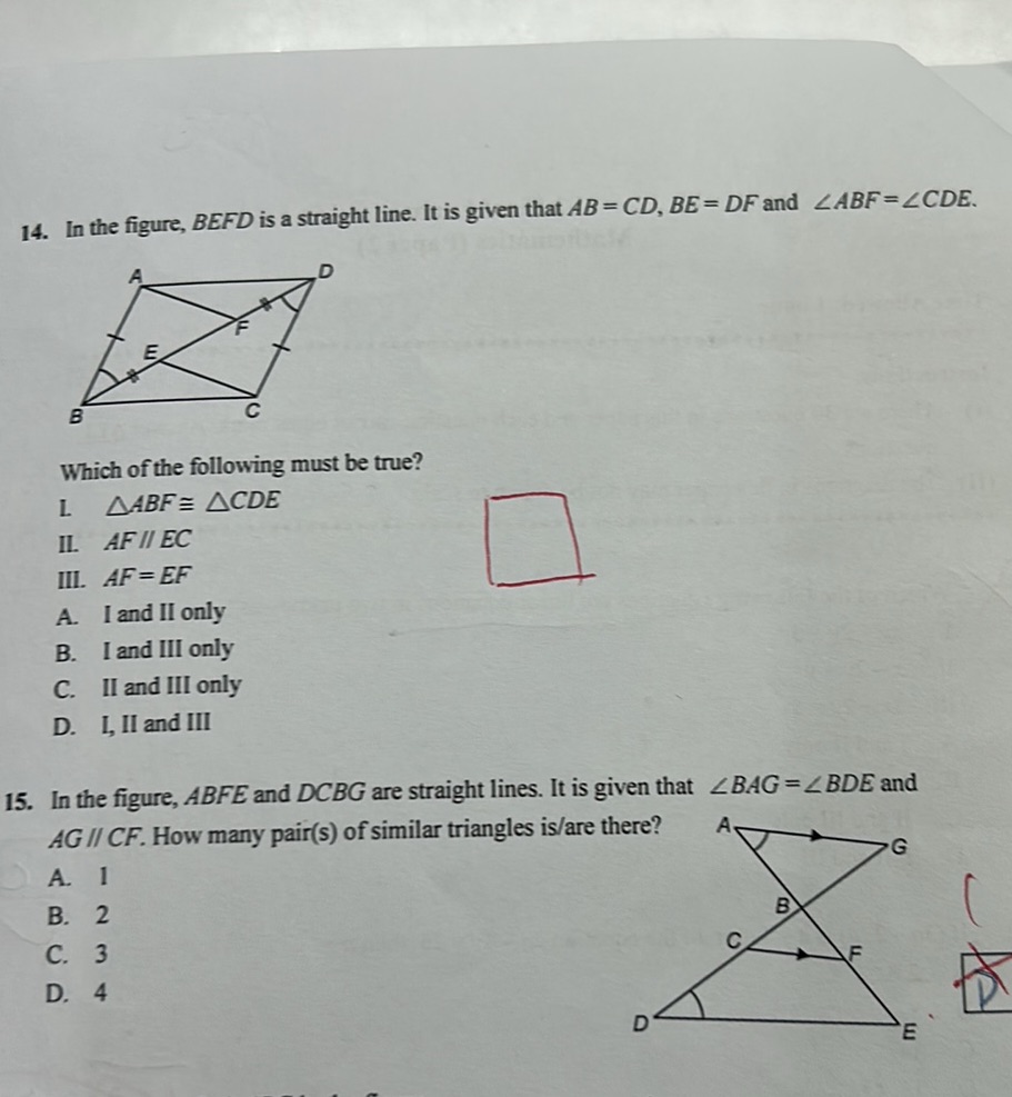 14. In the figure, $BEFD$ is a straight | StudyX
