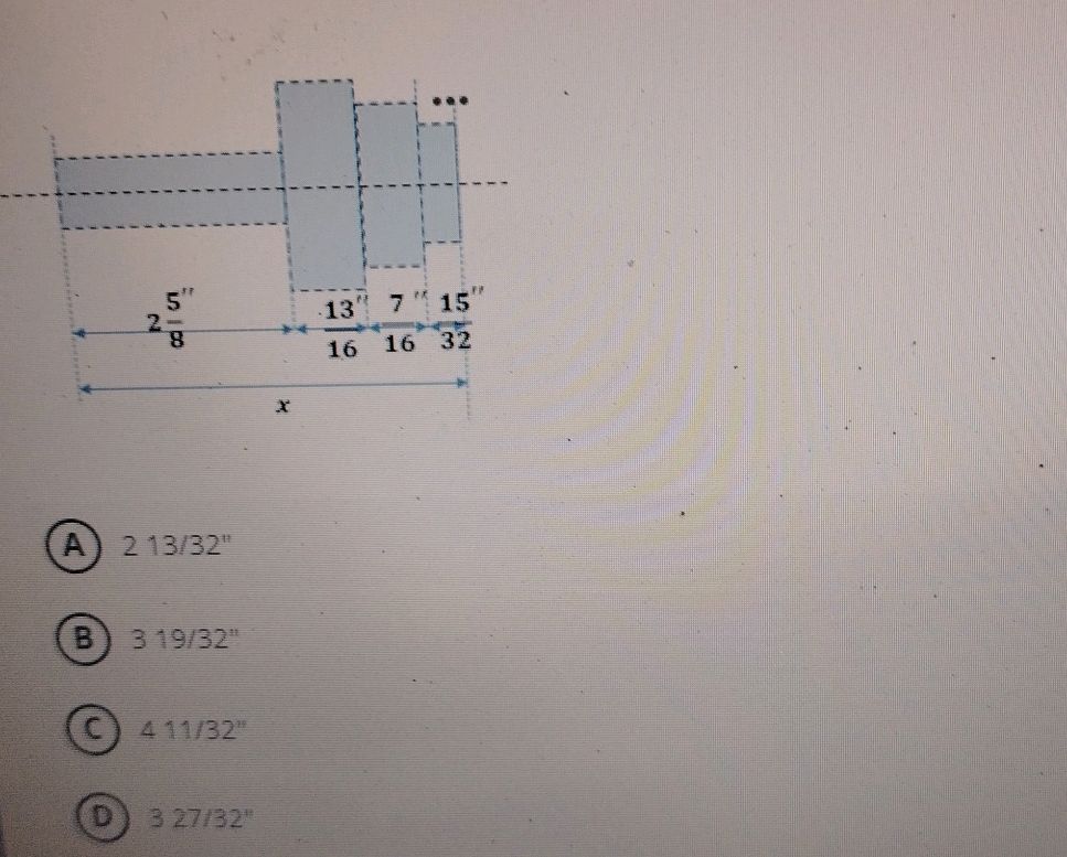 What is the value of x? 5/8" + 13/16"