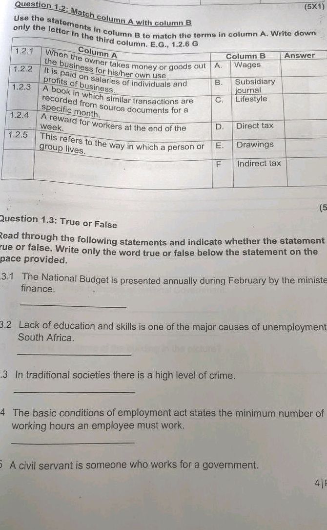 Question 1.2: Match column A with column B | StudyX