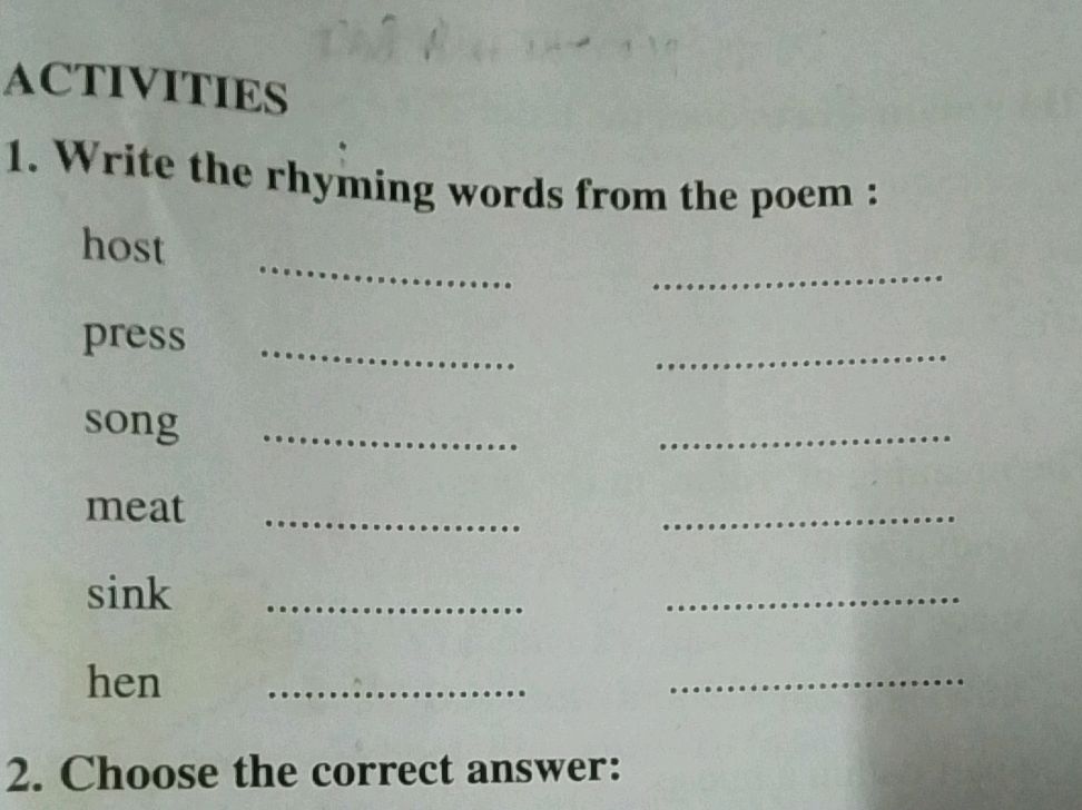 1. Write the rhyming words from the poem : | StudyX