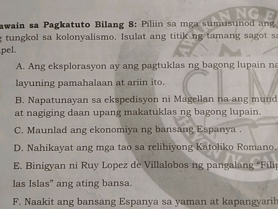 Awain sa Pagkatuto Bilang 8: Piliin sa mga | StudyX