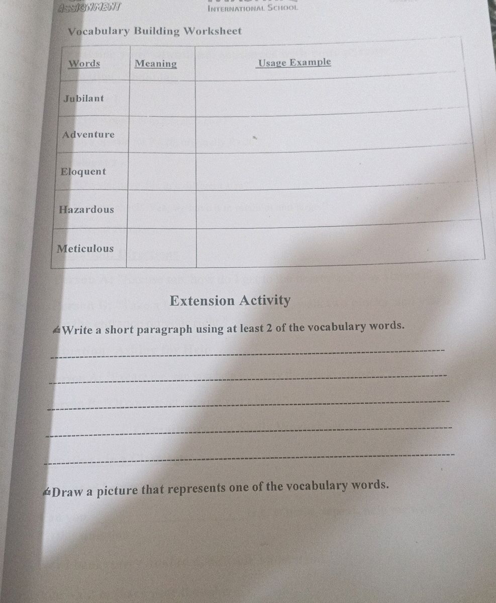 Vocabulary Building Worksheet | Words | | StudyX