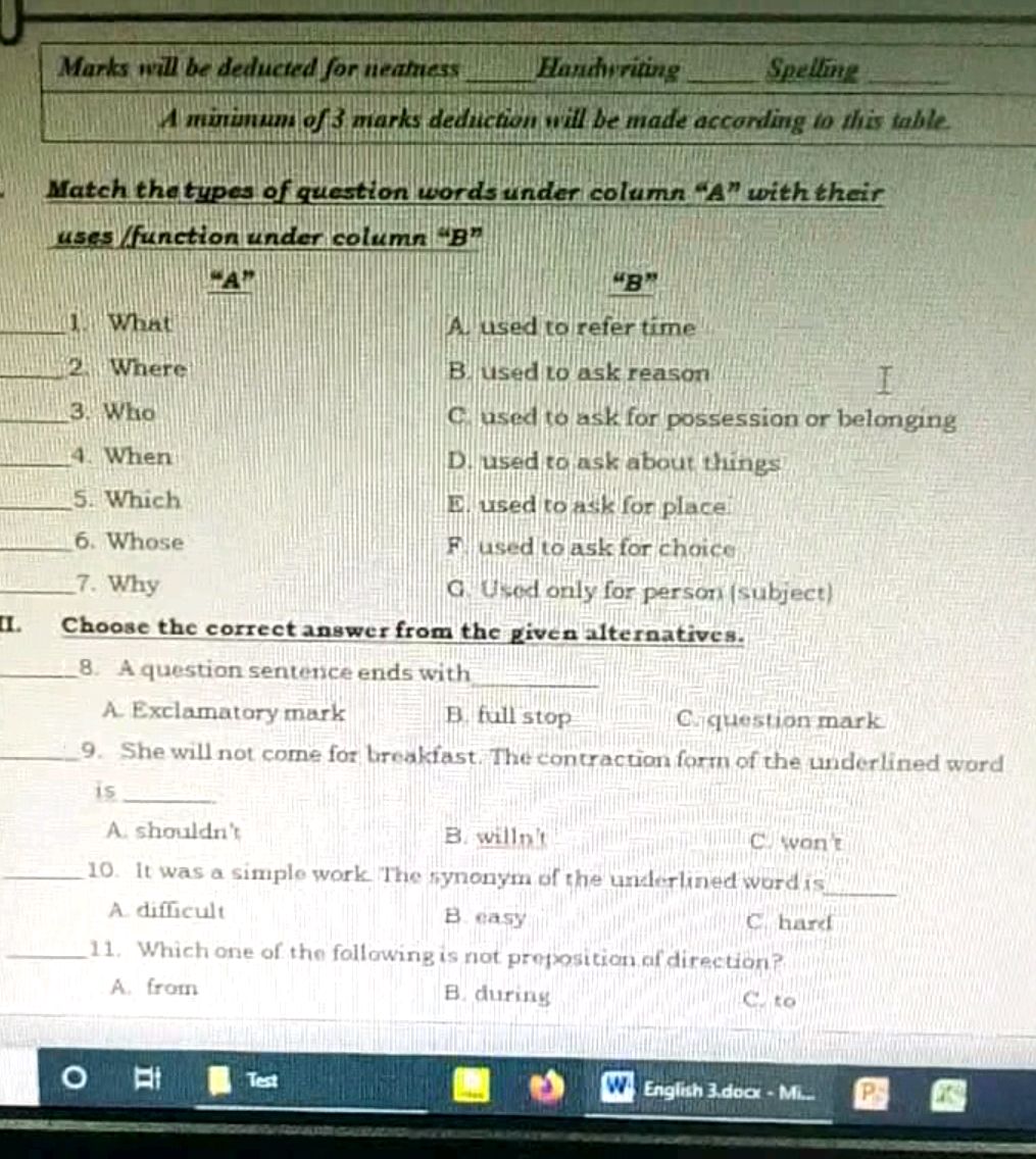 Match the types of question words under | StudyX