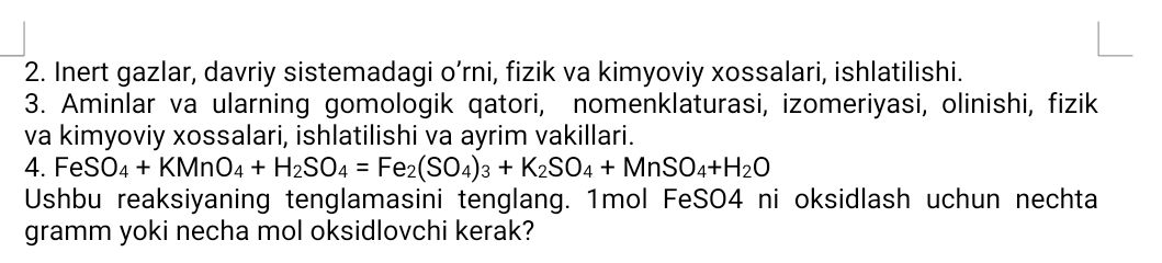 4. FeSO4 + KMnO4 + H2SO4 = Fe2(SO4)3 + K2SO4 | StudyX