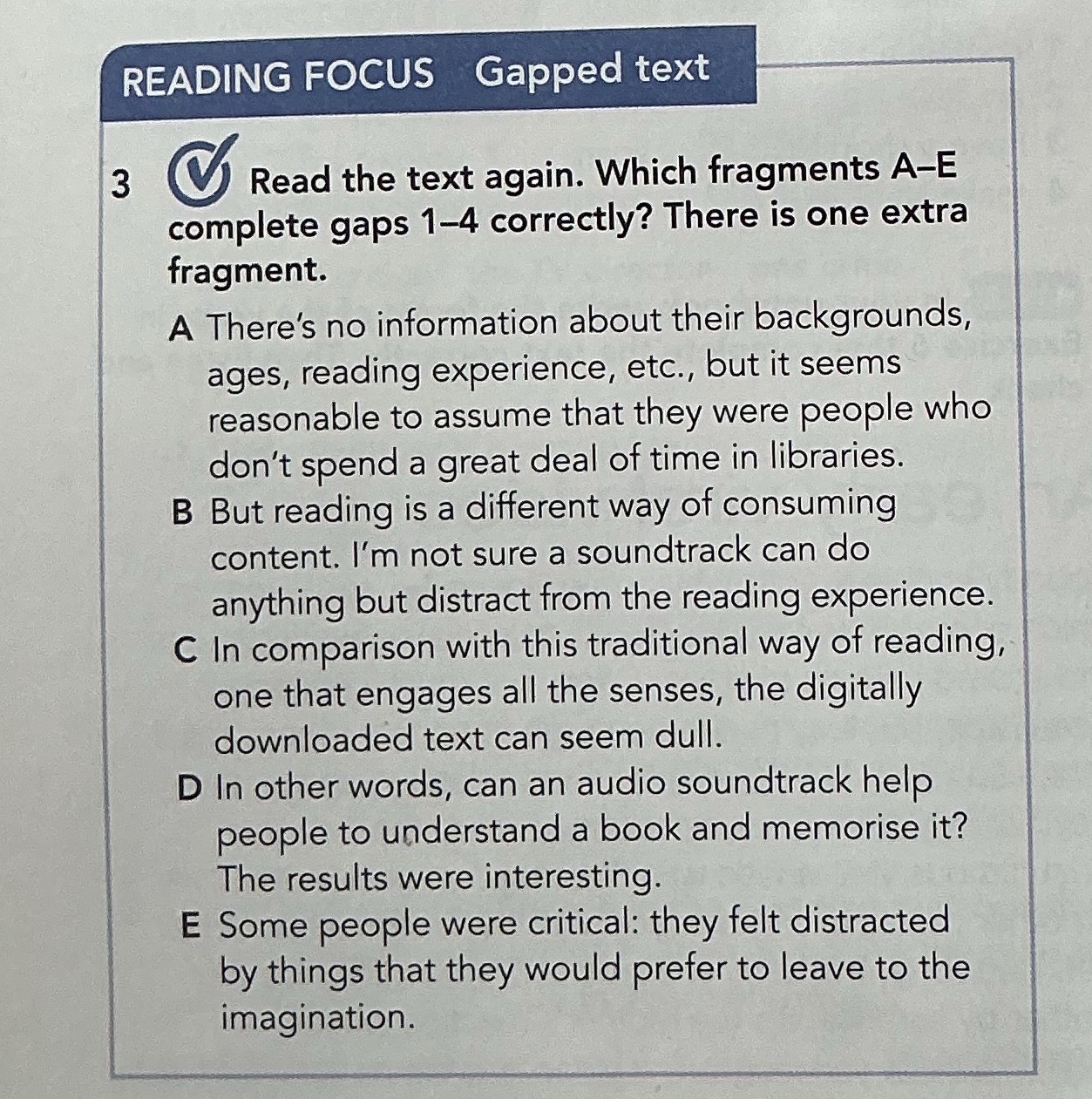Read the text again. Which fragments A-E | StudyX