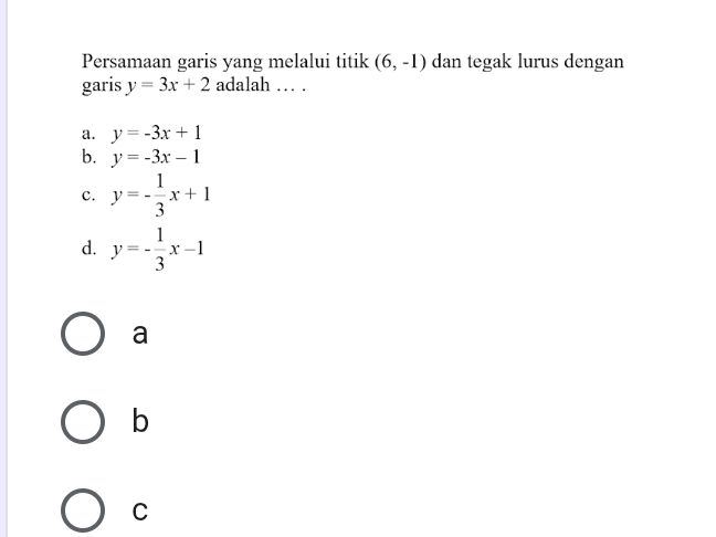 Persamaan garis yang melalui titik (6, -1) | StudyX