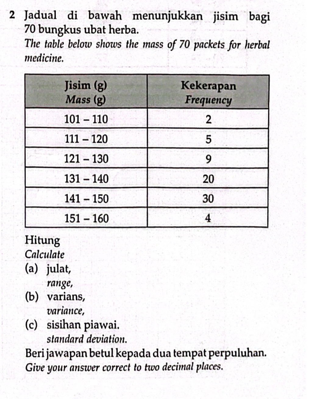2 Jadual di bawah menunjukkan jisim bagi 70 | StudyX