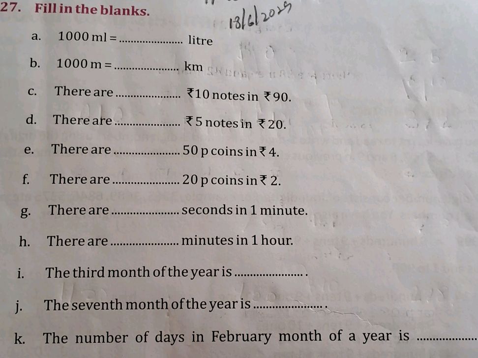 27. Fill in the blanks. a. 1000 ml = | StudyX