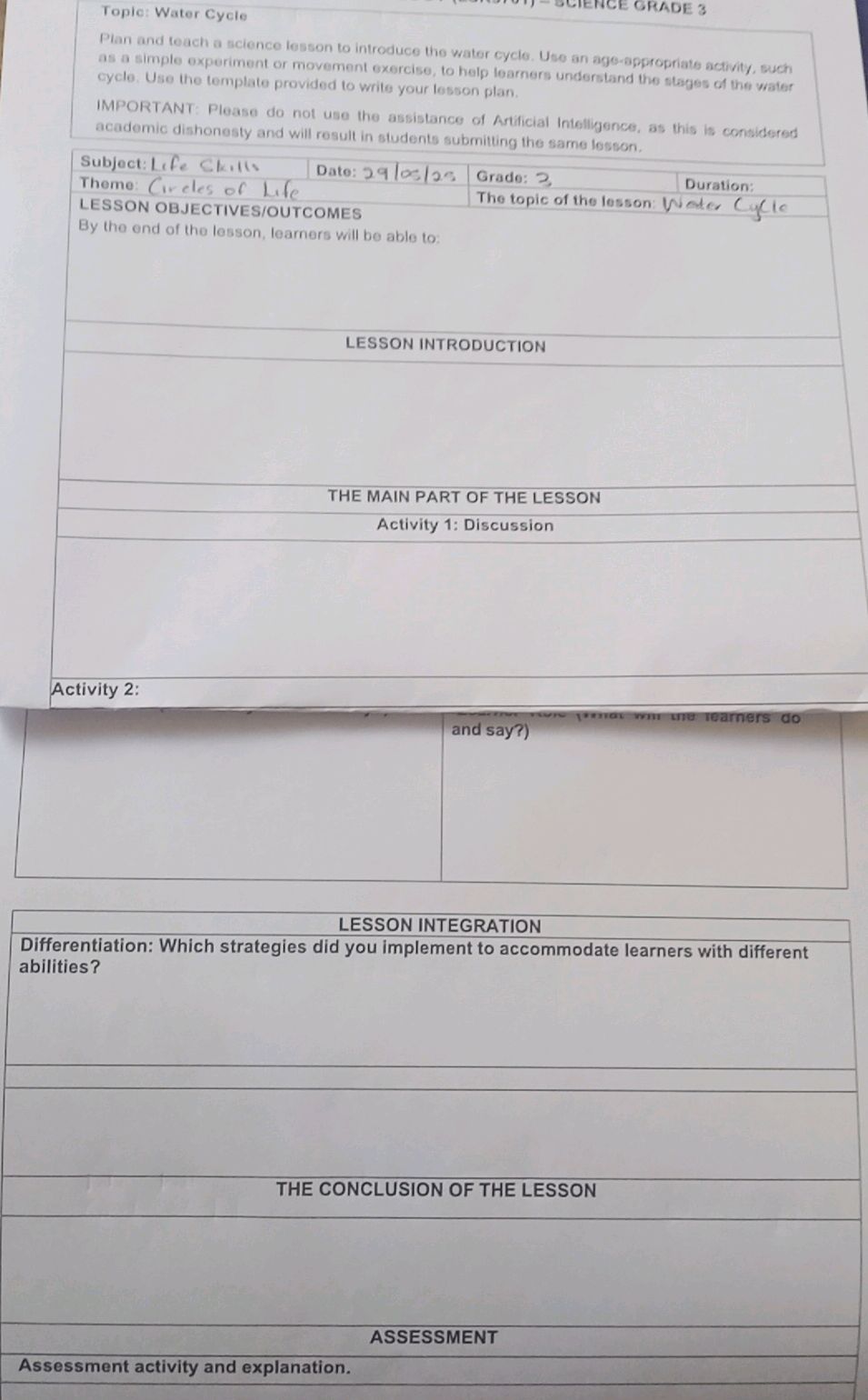 Topic: Water Cycle Plan and teach a science