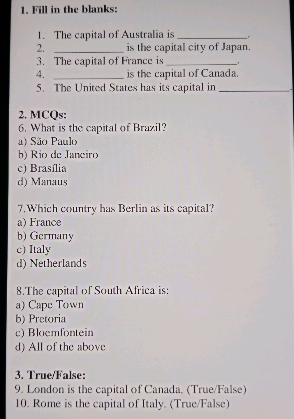 1. Fill in the blanks: 1. The capital of | StudyX