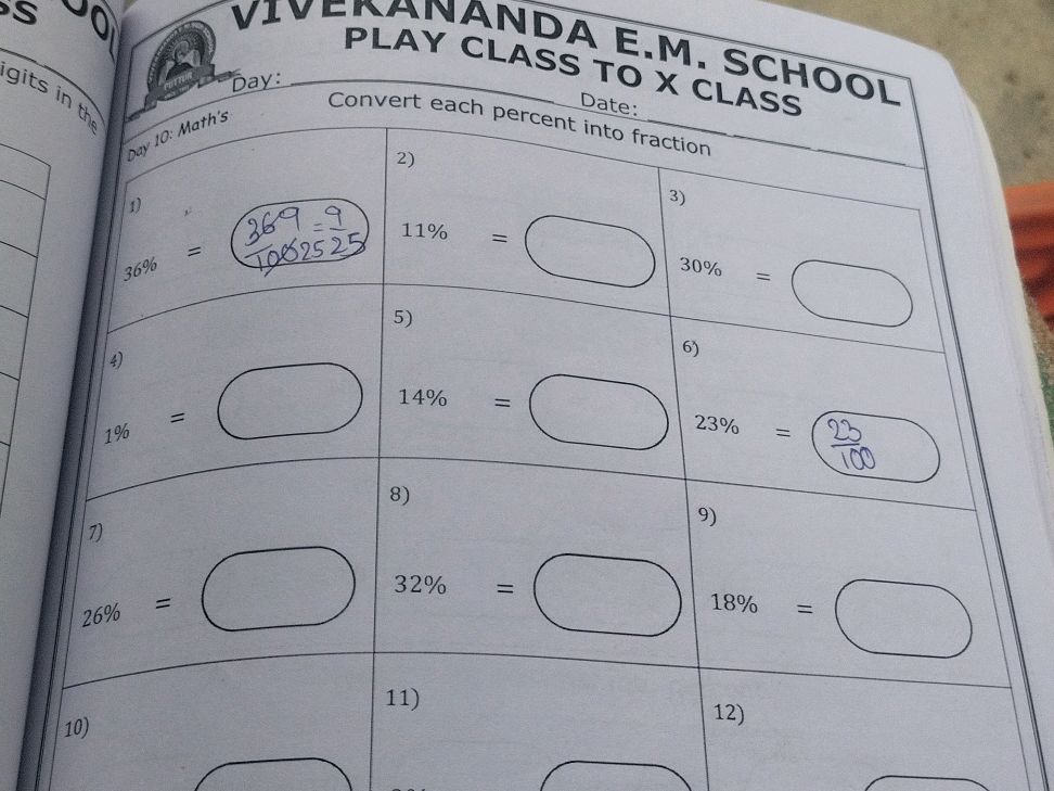 Convert each percent into fraction 1) 36% = | StudyX