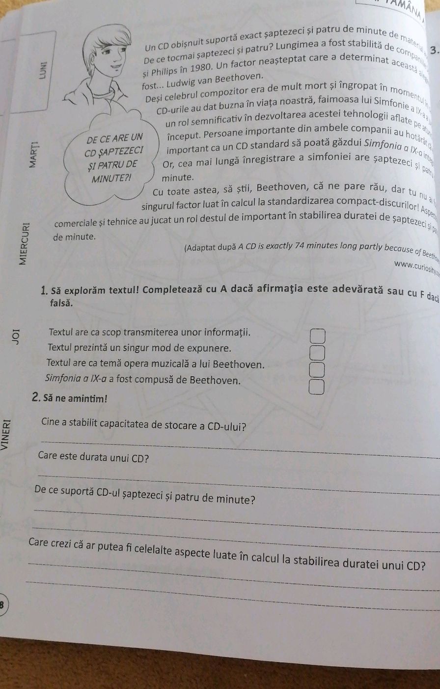 1. Să explorăm textul! Completează cu A dacă | StudyX