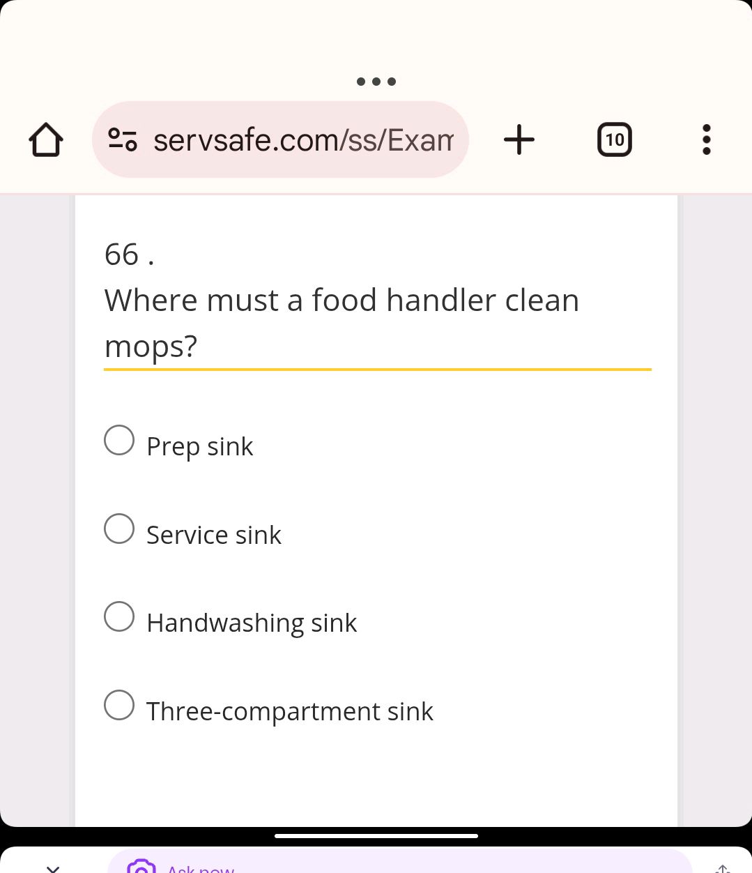 66. Where must a food handler clean mops? | StudyX