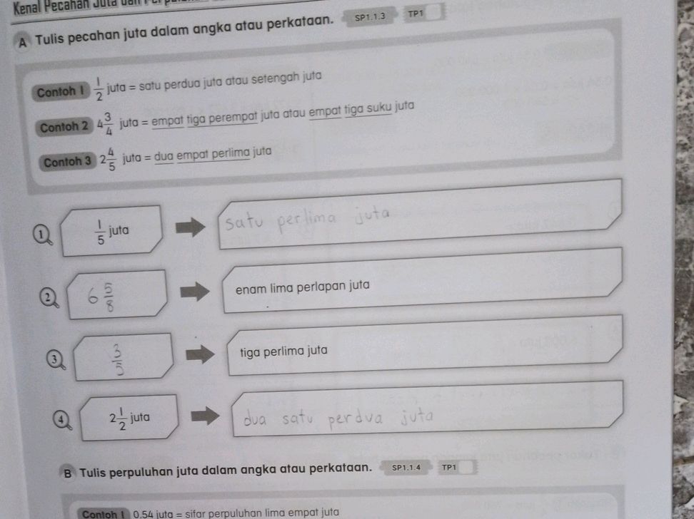 A Tulis pecahan juta dalam angka atau