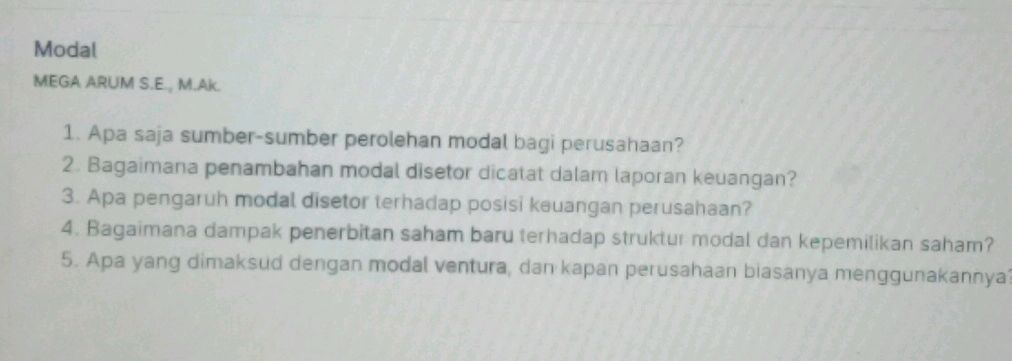 1. Apa saja sumber-sumber perolehan modal | StudyX