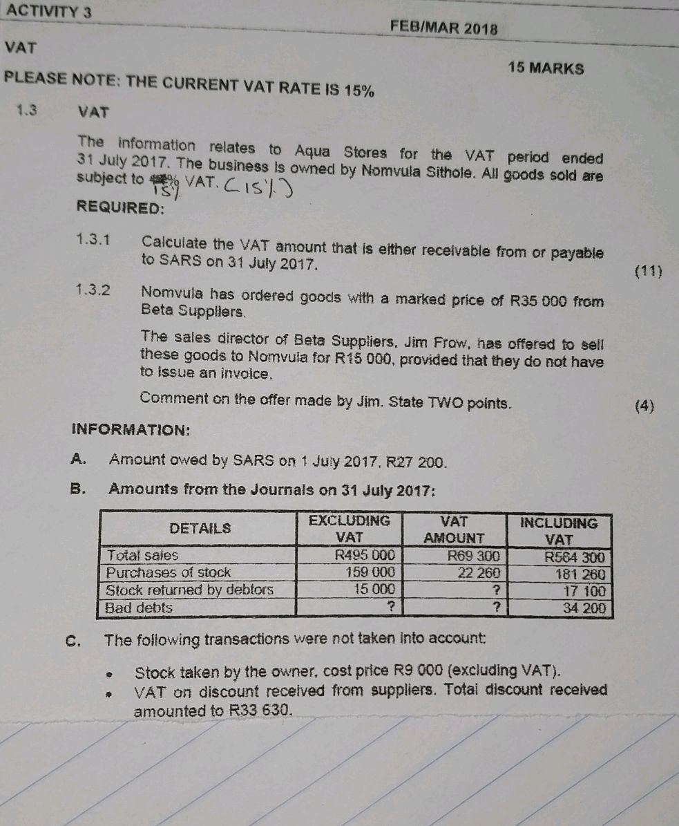 PLEASE NOTE: THE CURRENT VAT RATE IS 15% | StudyX