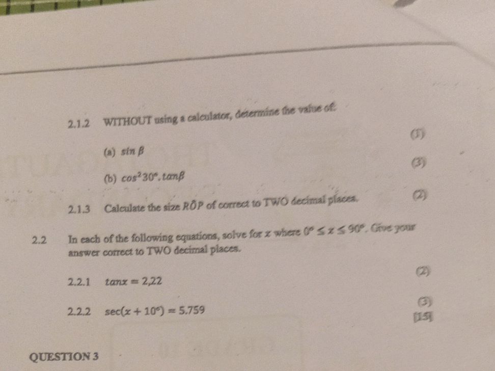 2.1.2 WITHOUT using a calculator, determine | StudyX