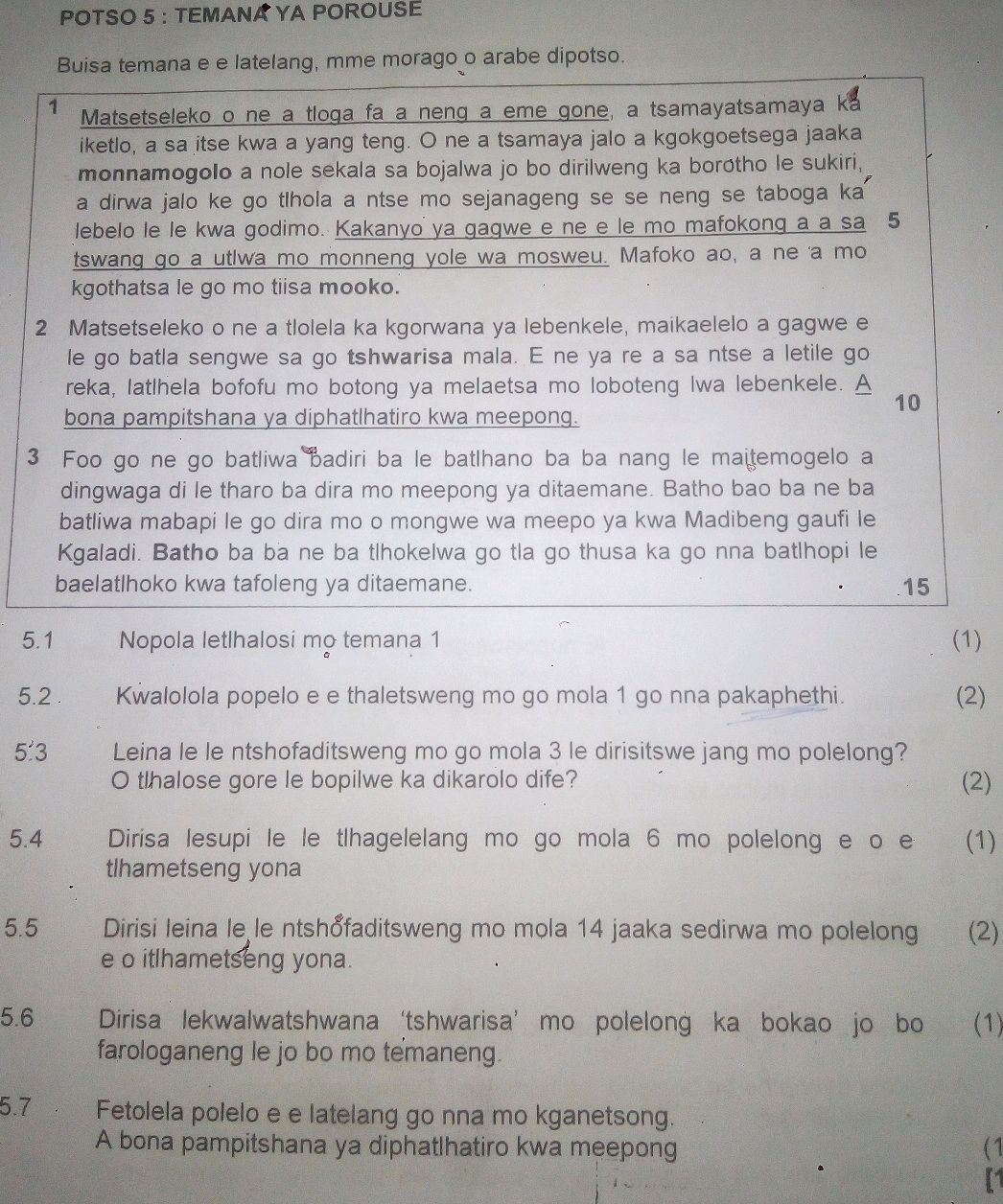 5.1 Nopola letlhalosi mo temana 1 5.2 | StudyX