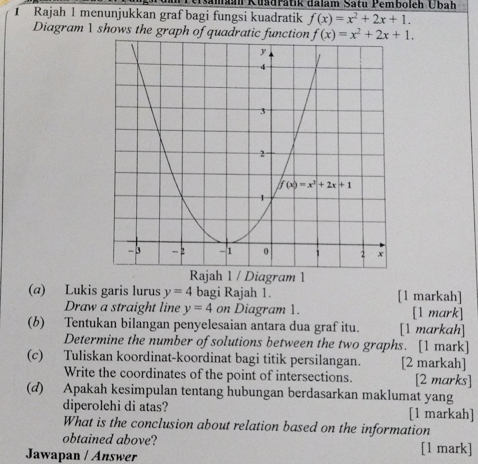(a) Lukis garis lurus y = 4 bagi Rajah 1. | StudyX