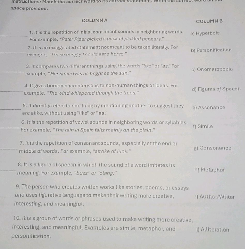 Instructions: Match the correct word to its | StudyX