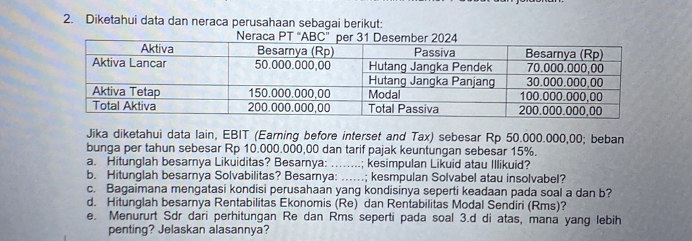 2. Diketahui data dan neraca perusahaan | StudyX