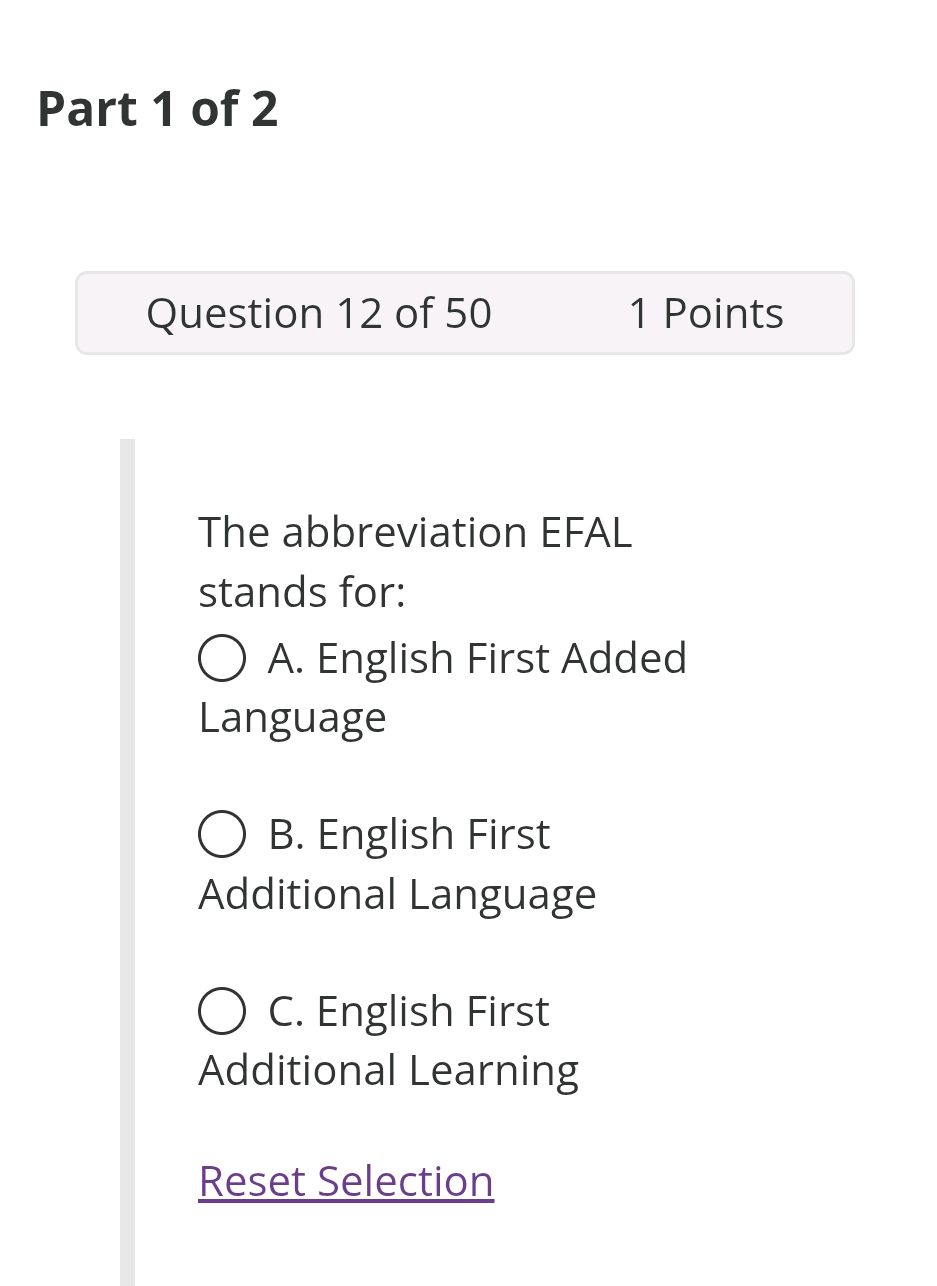 The abbreviation EFAL stands for: A. English