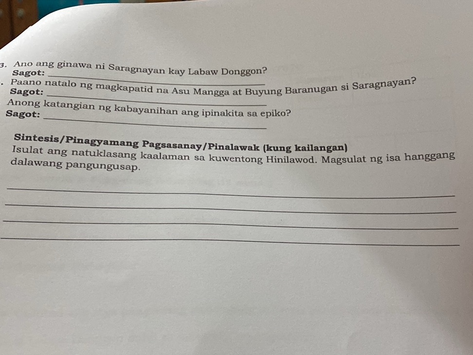 3. Ano ang ginawa ni Saragnayan kay Labaw | StudyX