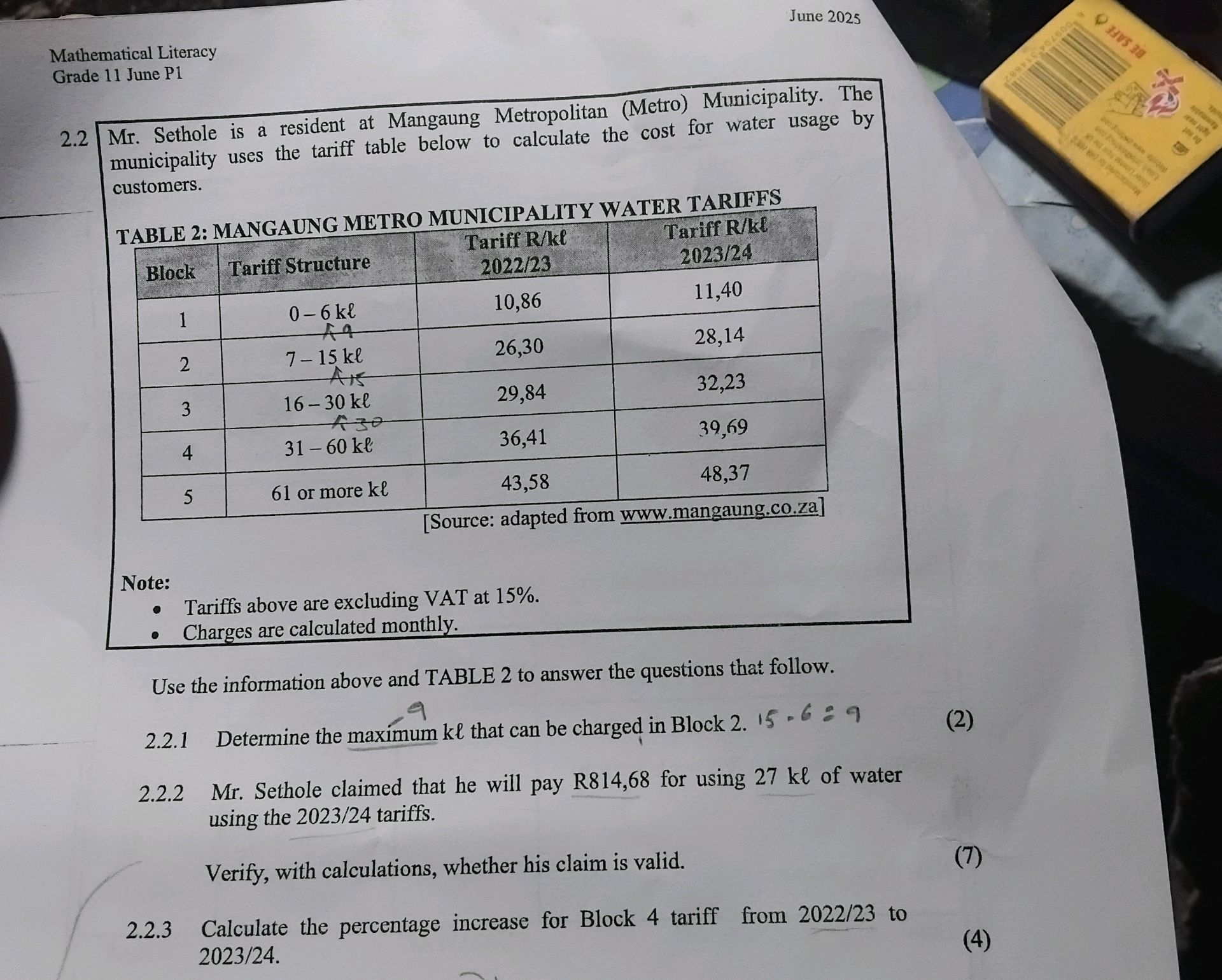 TABLE 2: MANGAUNG METRO MUNICIPALITY WATER | StudyX