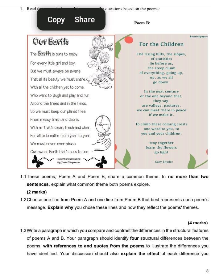 Read the questions based on the poems: Poem
