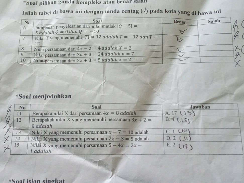 Isilah tabel di bawah ini dengan tanda | StudyX