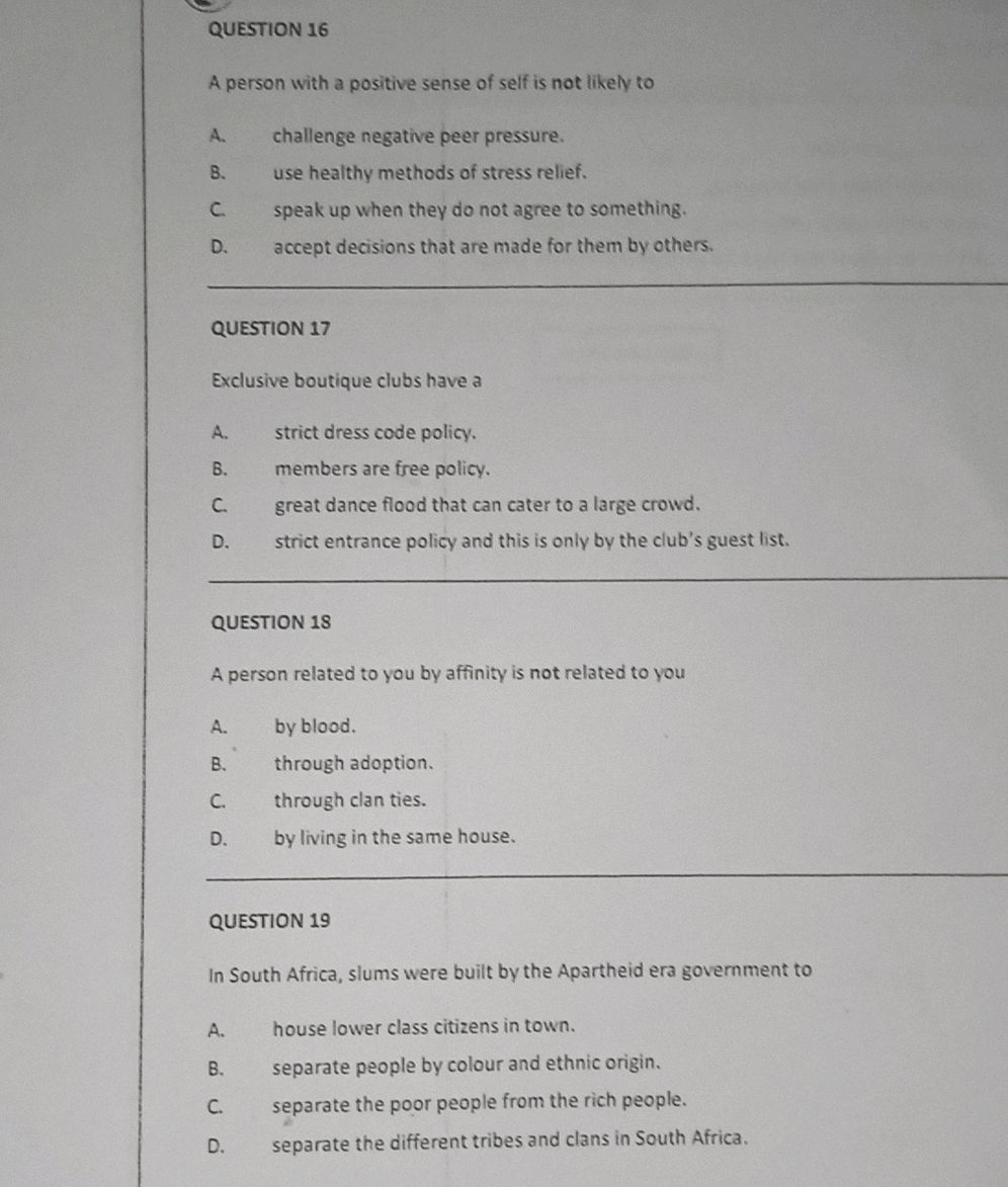 QUESTION 16 A person with a positive sense | StudyX