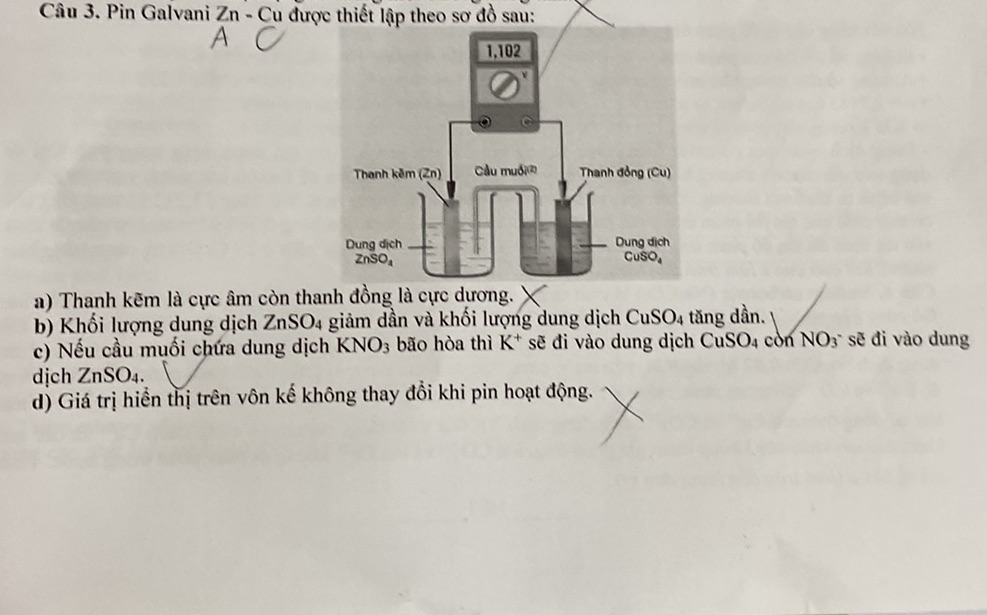 Câu 3. Pin Galvani Zn - Cu được thiết lập | StudyX