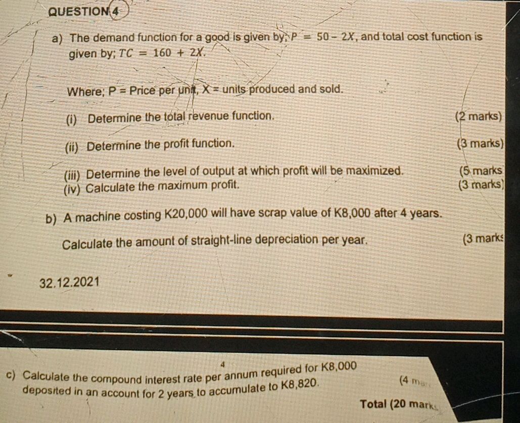 QUESTION 4 a) The demand function for a | StudyX