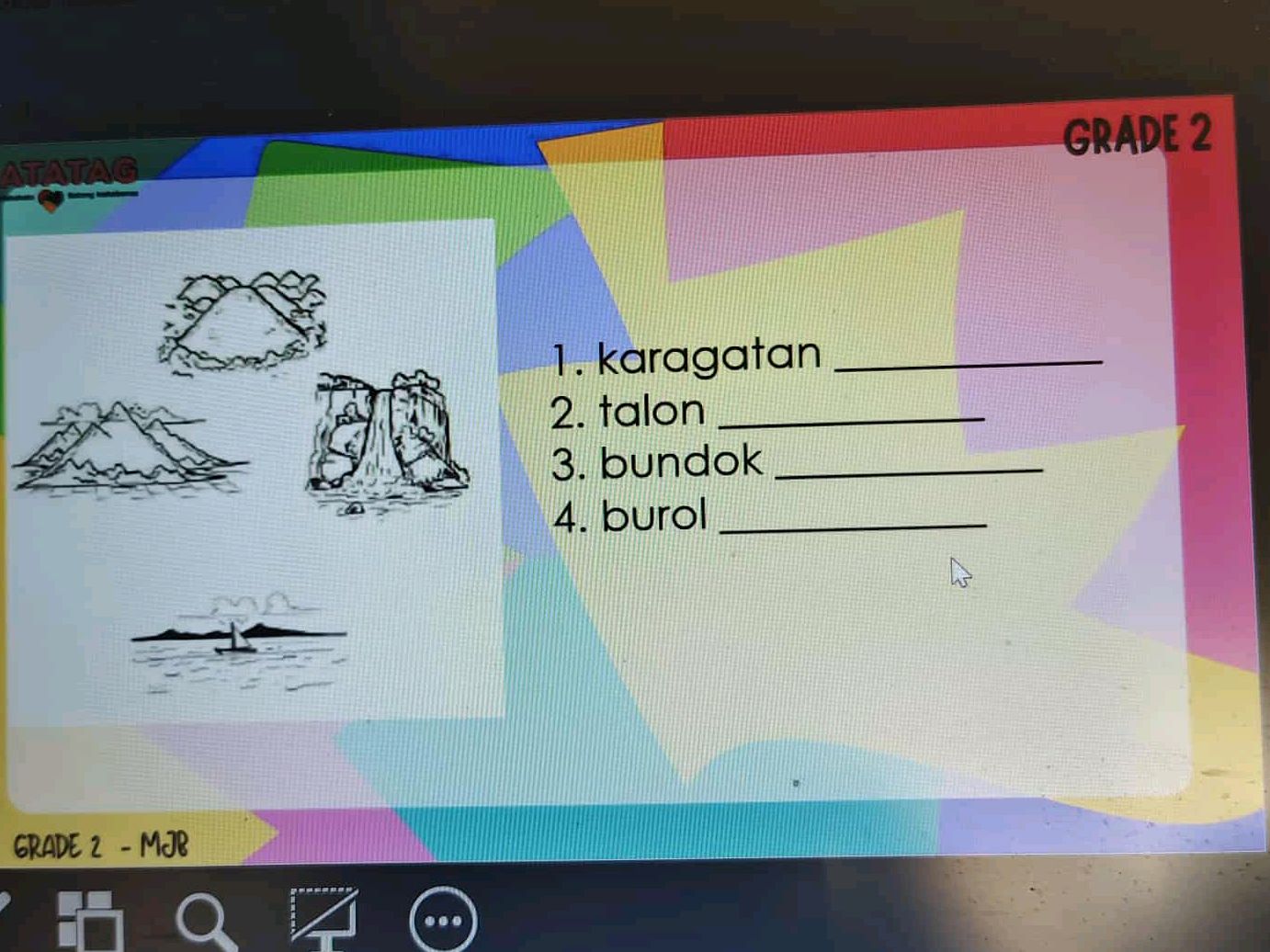 1. karagatan ____ 2. talon ____ 3. bundok | StudyX